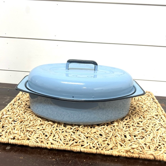 Kitchen | Vintage Enamel Roasting Pan Lidded Metal Blue Black Cookware ...